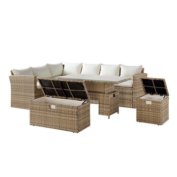 Granchester Rattan Rectangular Corner Dining Sofa Set with Rising Tabl ...