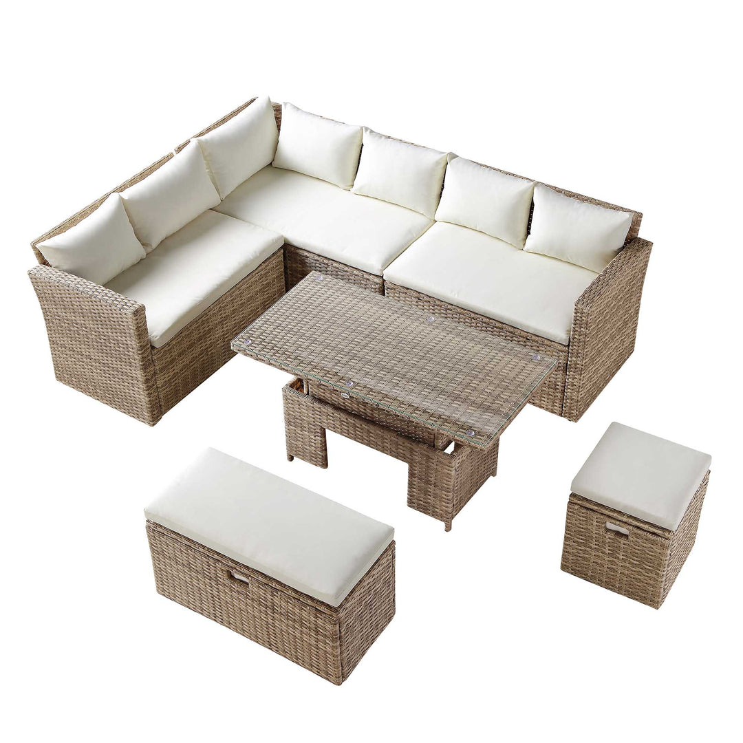 Granchester Rattan Rectangular Corner Dining Sofa Set with Rising Table ...