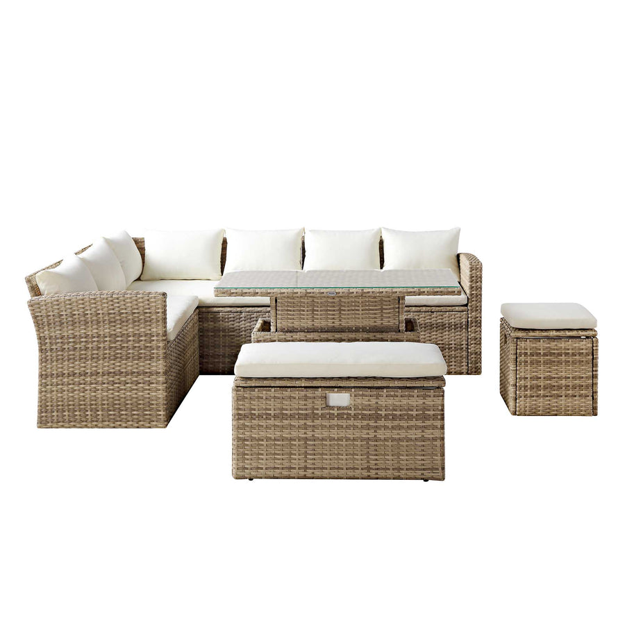 Granchester Rattan Rectangular Corner Dining Sofa Set with Rising Tabl ...