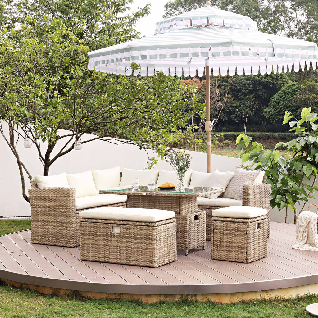 Granchester Rattan Rectangular Corner Dining Sofa Set with Rising Table ...