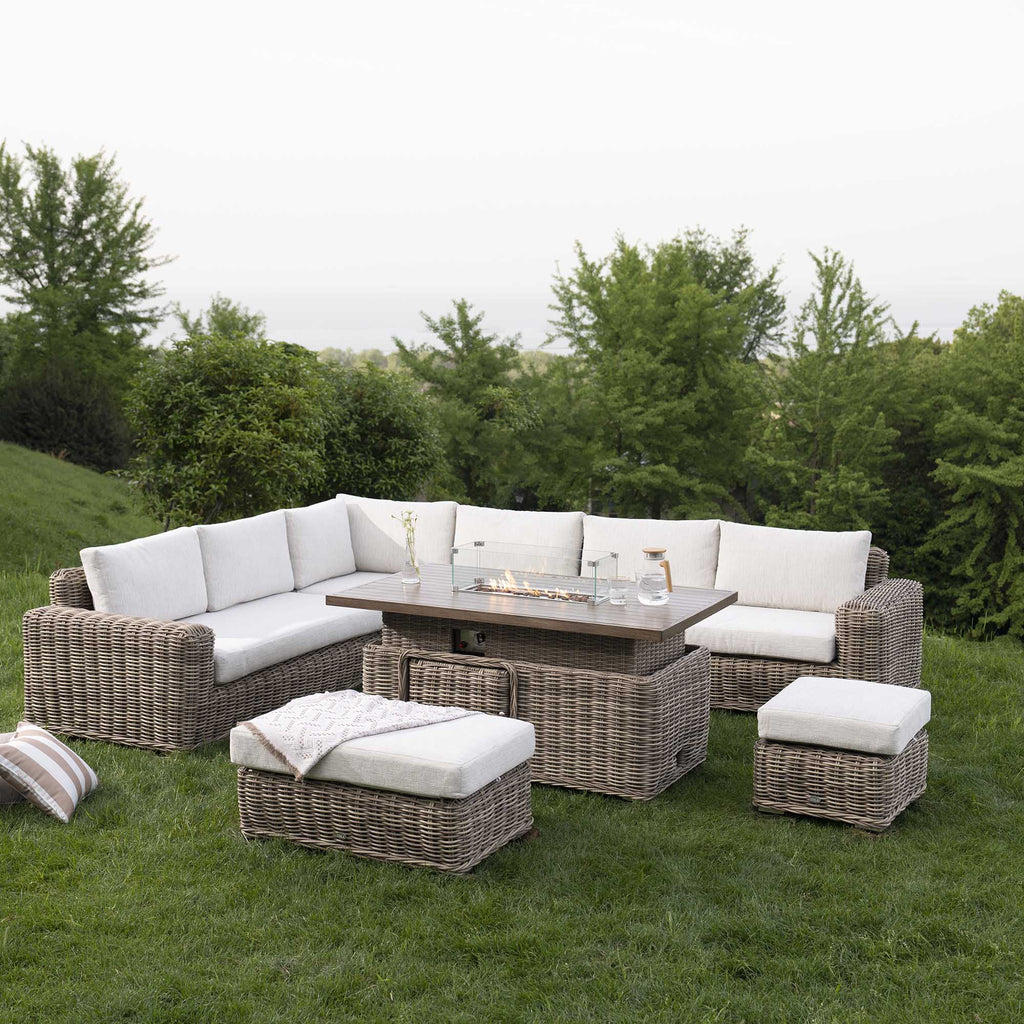 Bellagio Large Wicker Corner Casual Dining Set with Rising Firepit ...
