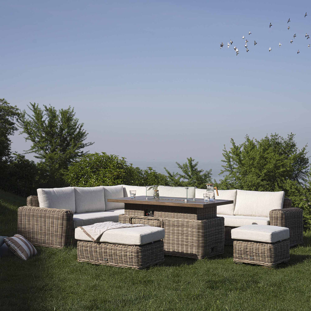 Bellagio Round Wicker Large Corner Casual Dining Set with Rising Firep ...