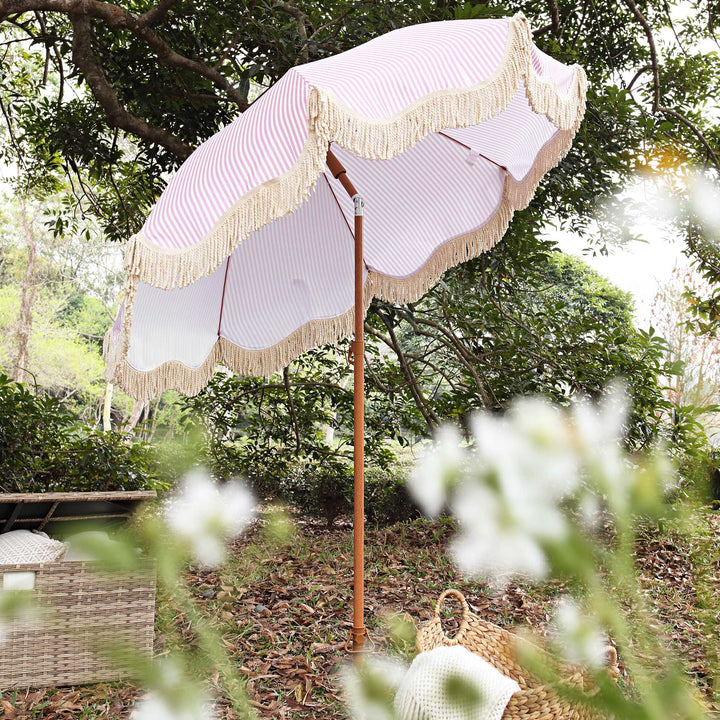 Gabriel Pink and White Striped Fringed Parasol with Tilt | daals