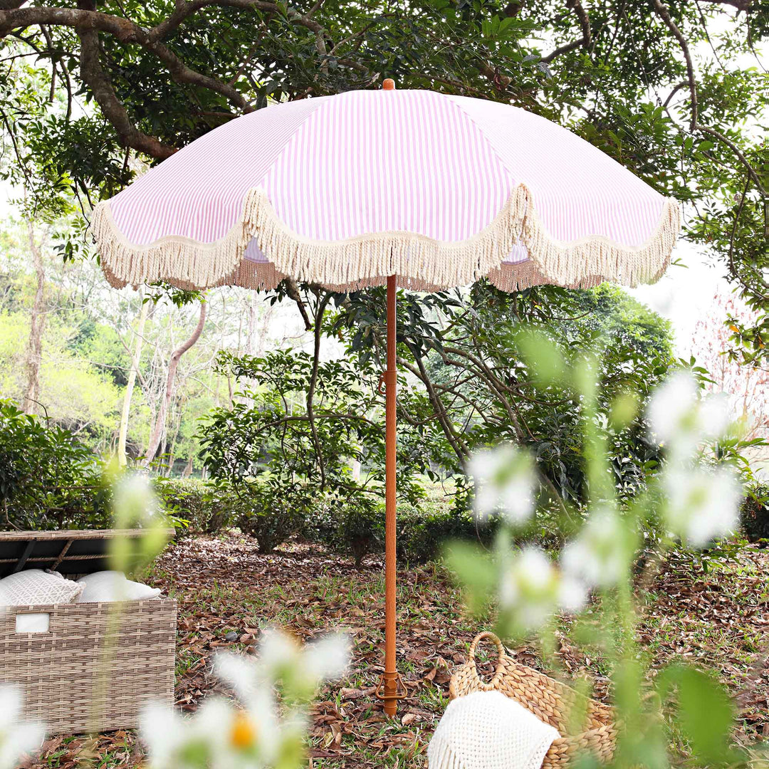 Gabriel Pink and White Striped Fringed Parasol with Tilt | daals