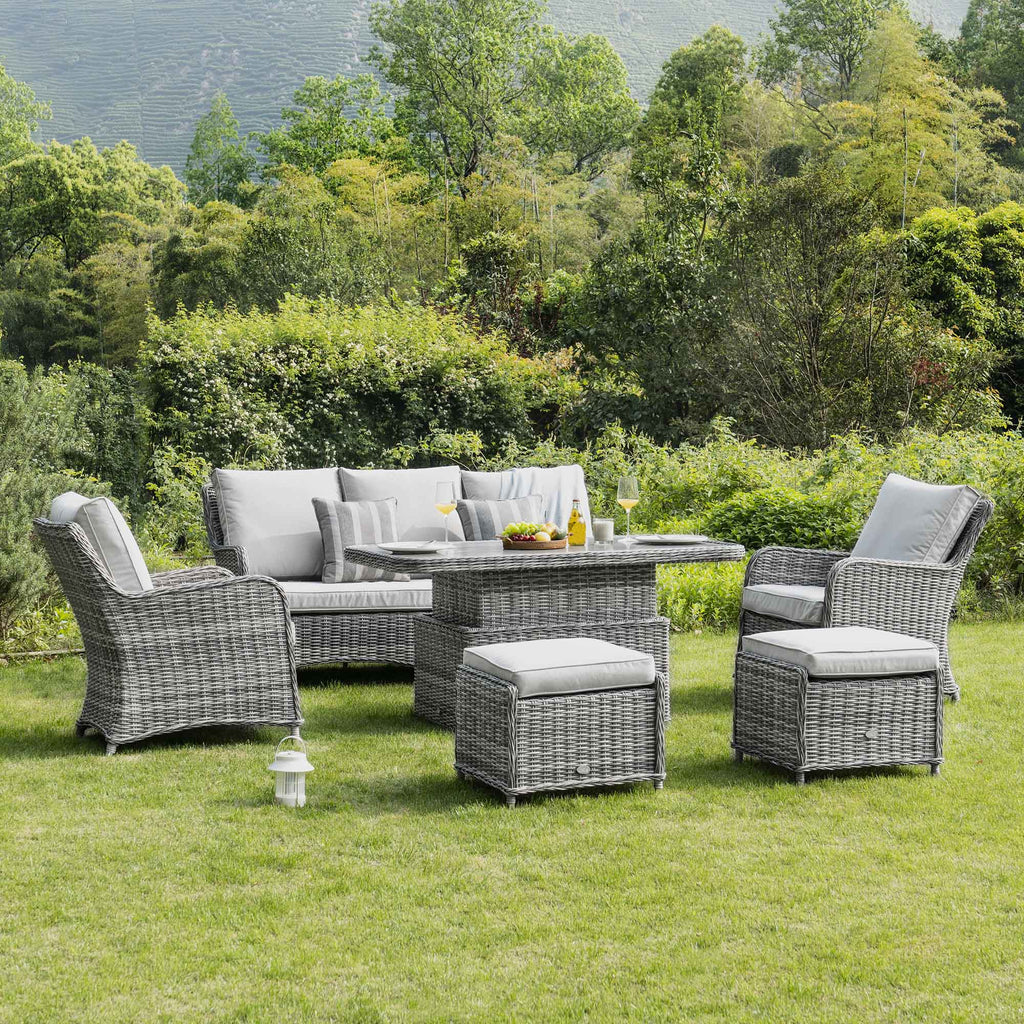 Hampshire 7-Seater Round Wicker Rattan Sofa Set with Rising Table, Lig ...