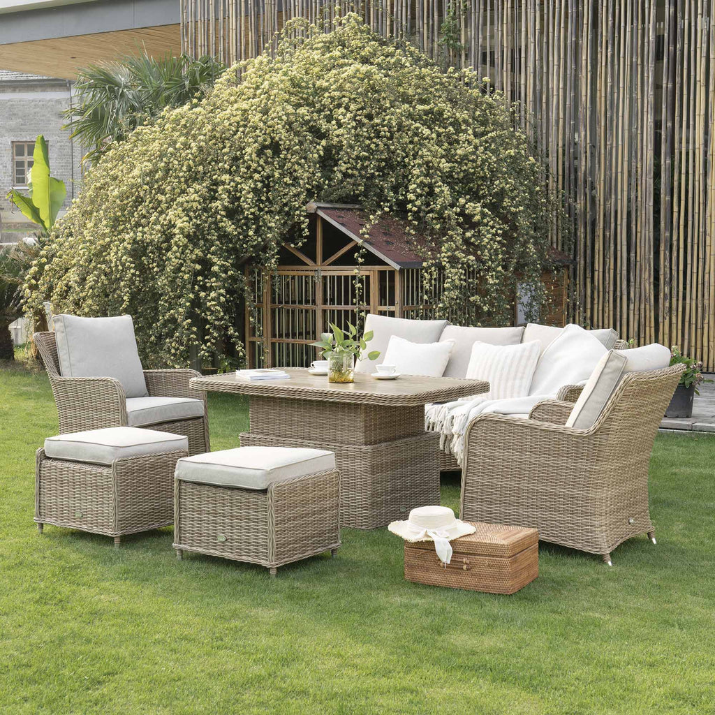 Hampshire 7-Seater Round Wicker Rattan Sofa Set with Rising Table, Nat ...