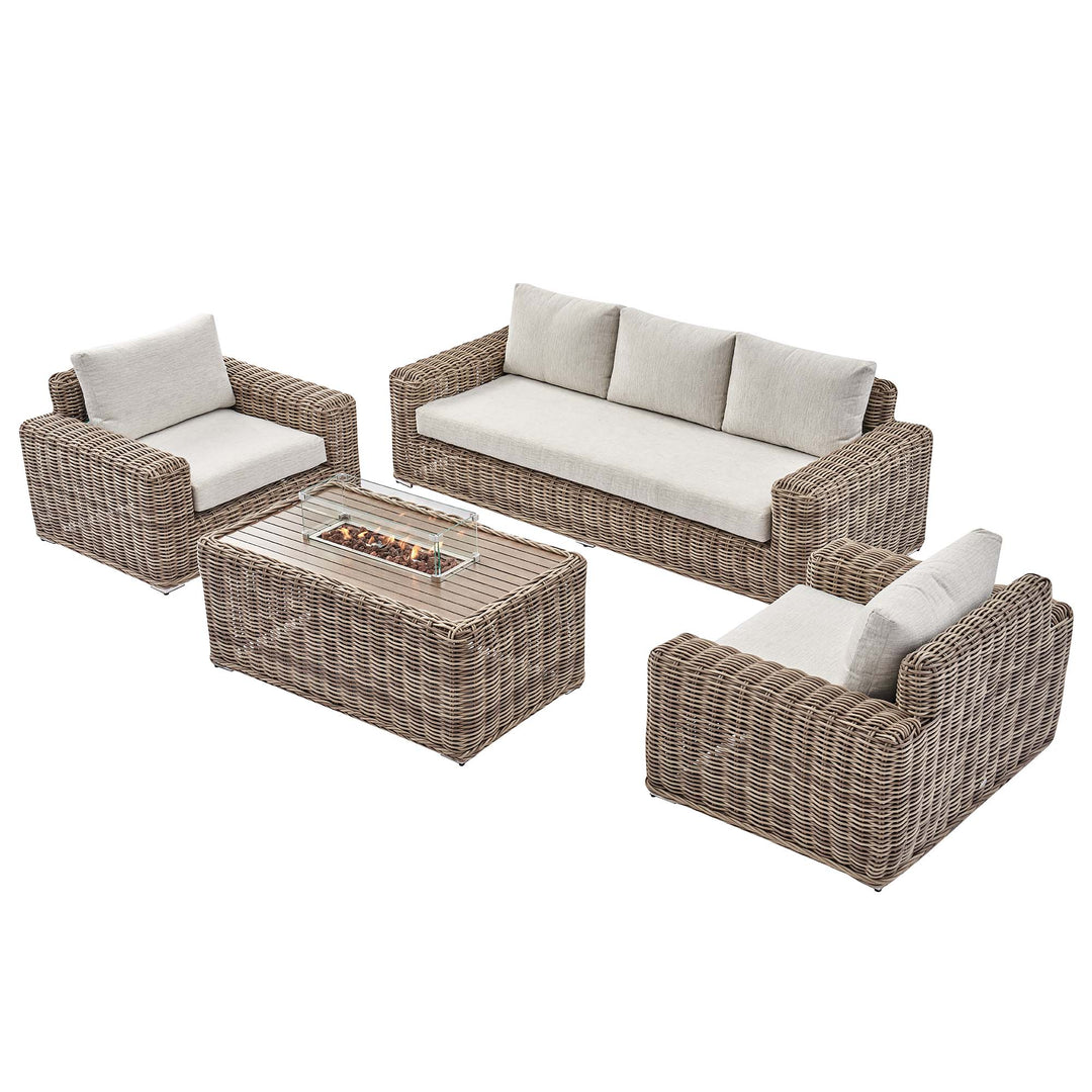 Bellagio Round Wicker Sofa Set with Firepit Coffee Table, Natural | daals