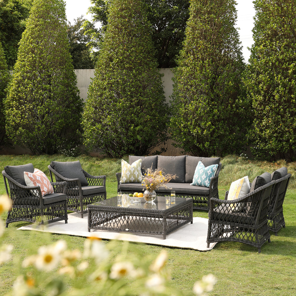 Willowbrook Lattice Weave Rattan 7-Seater Large Sofa Set, Dark Grey | daals