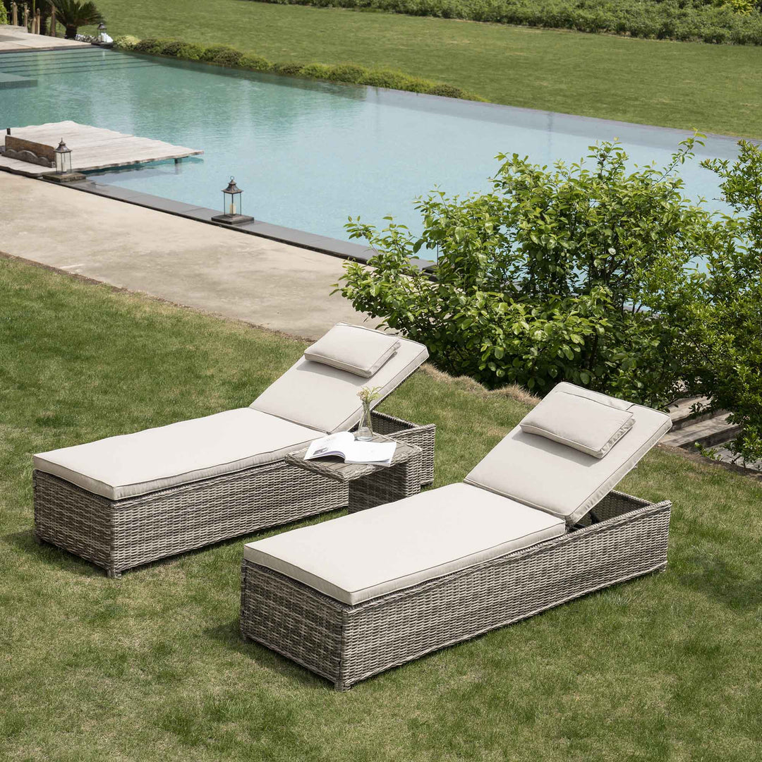 Hampshire Round Wicker Rattan Sun Lounger Set with Side Table, Light G ...