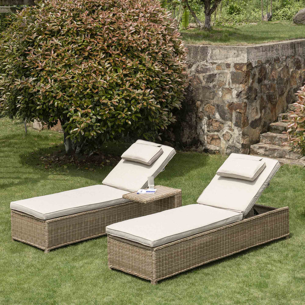 Hampshire Round Wicker Rattan Sun Lounger Set with Side Table, Natural ...
