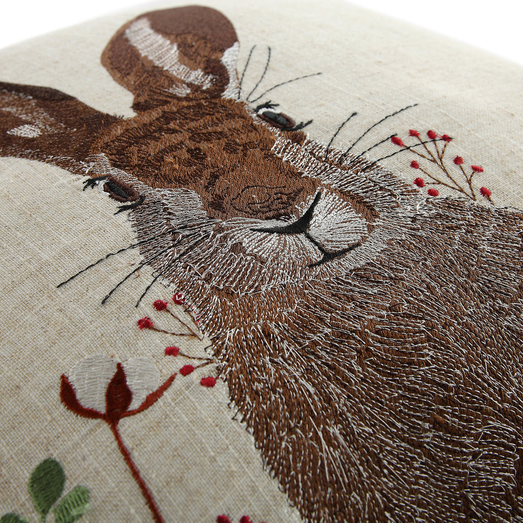 Country Collection Hare Embroidered Linen Blend Cushion | daals