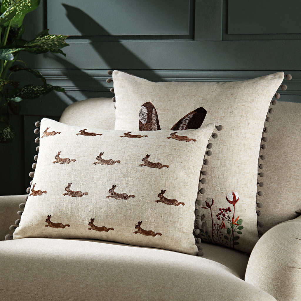 Country Collection Leaping Hare Repeat Embroidered Linen Blend Cushion ...