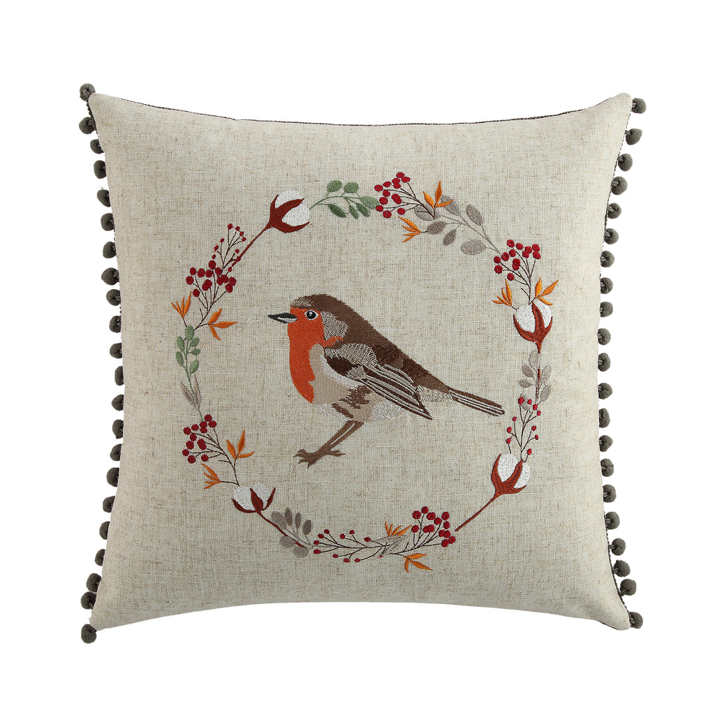 Country Collection Robin Embroidered Linen Blend Cushion | daals