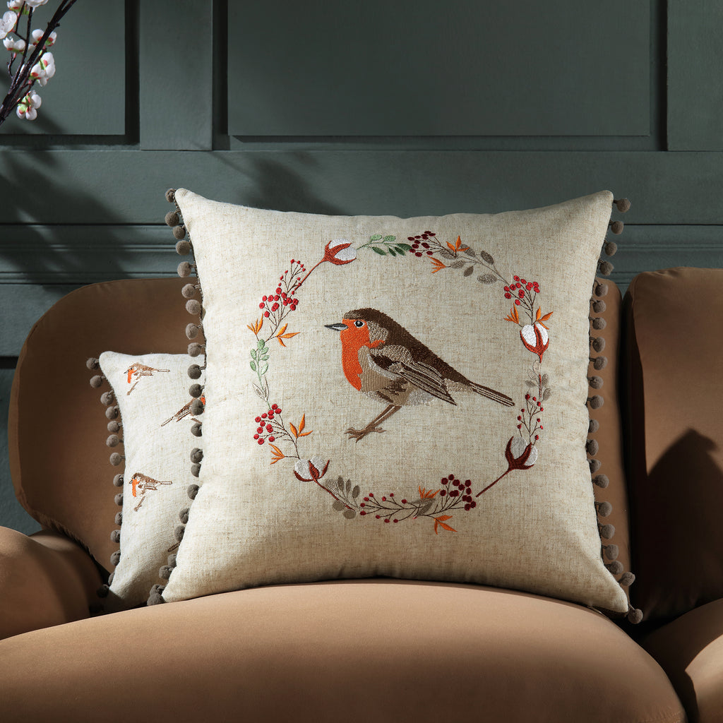 Country Collection Robin Embroidered Linen Blend Cushion | daals