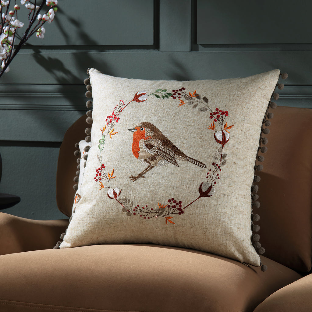 Country Collection Robin Embroidered Linen Blend Cushion | daals