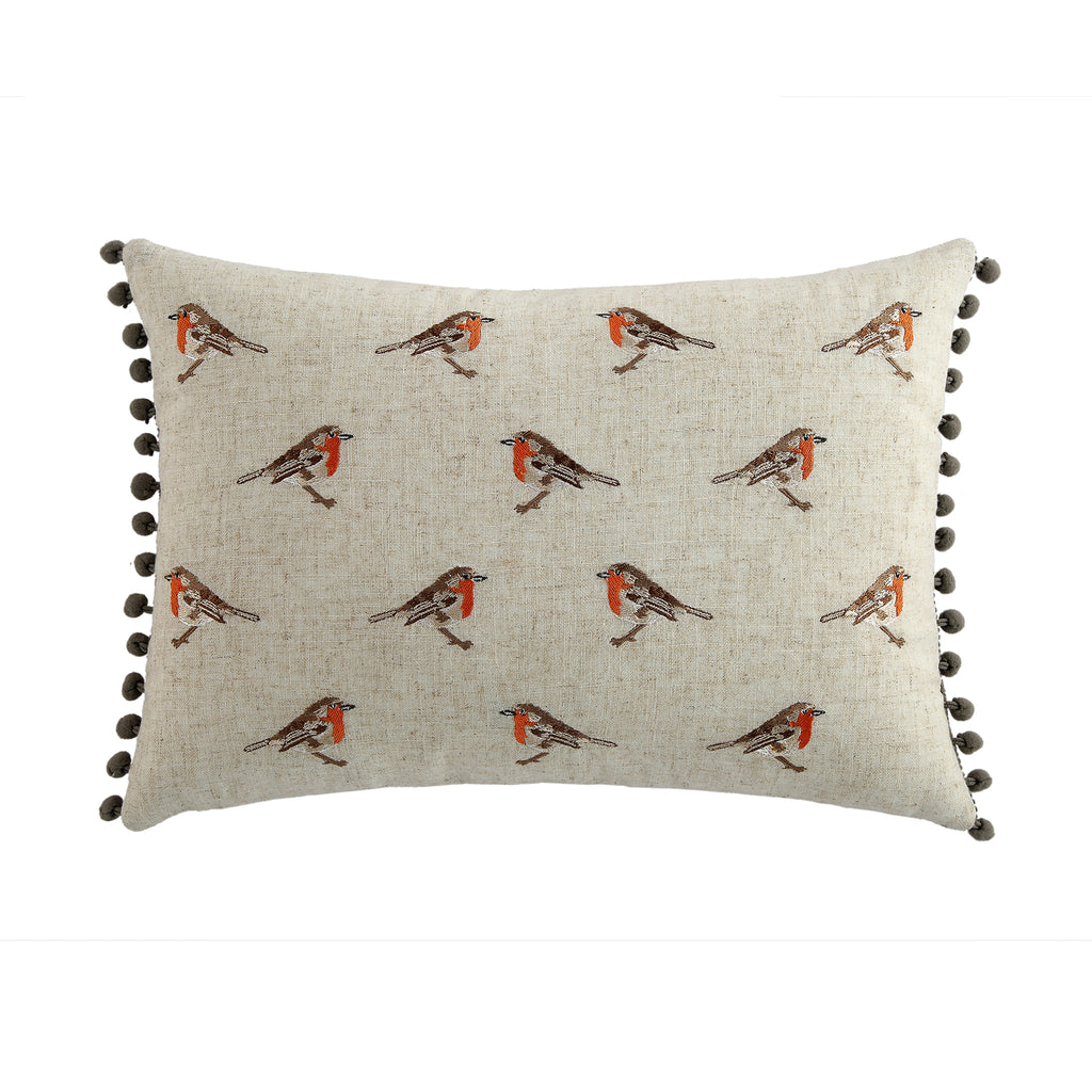 Country Collection Robin Repeat Embroidered Linen Blend Cushion | daals
