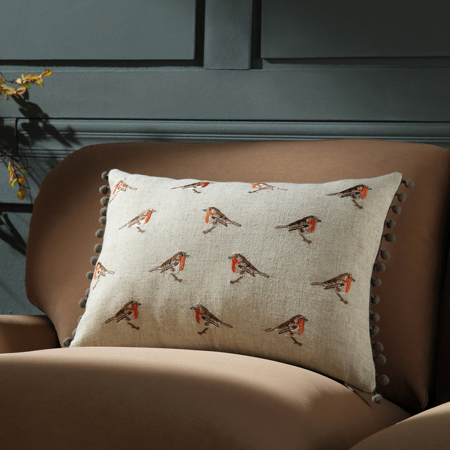 Country Collection Robin Repeat Embroidered Linen Blend Cushion | daals