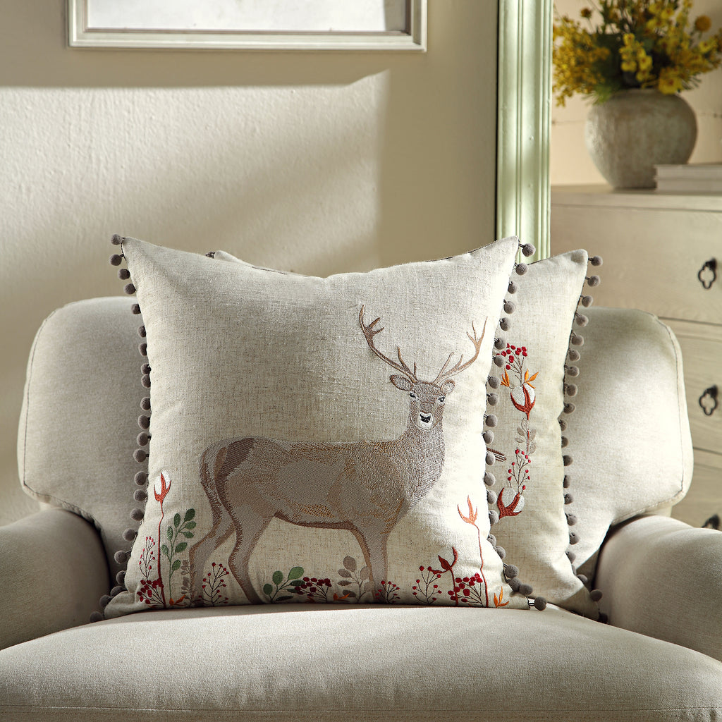 Country Collection Stag Embroidered Linen Blend Cushion | daals