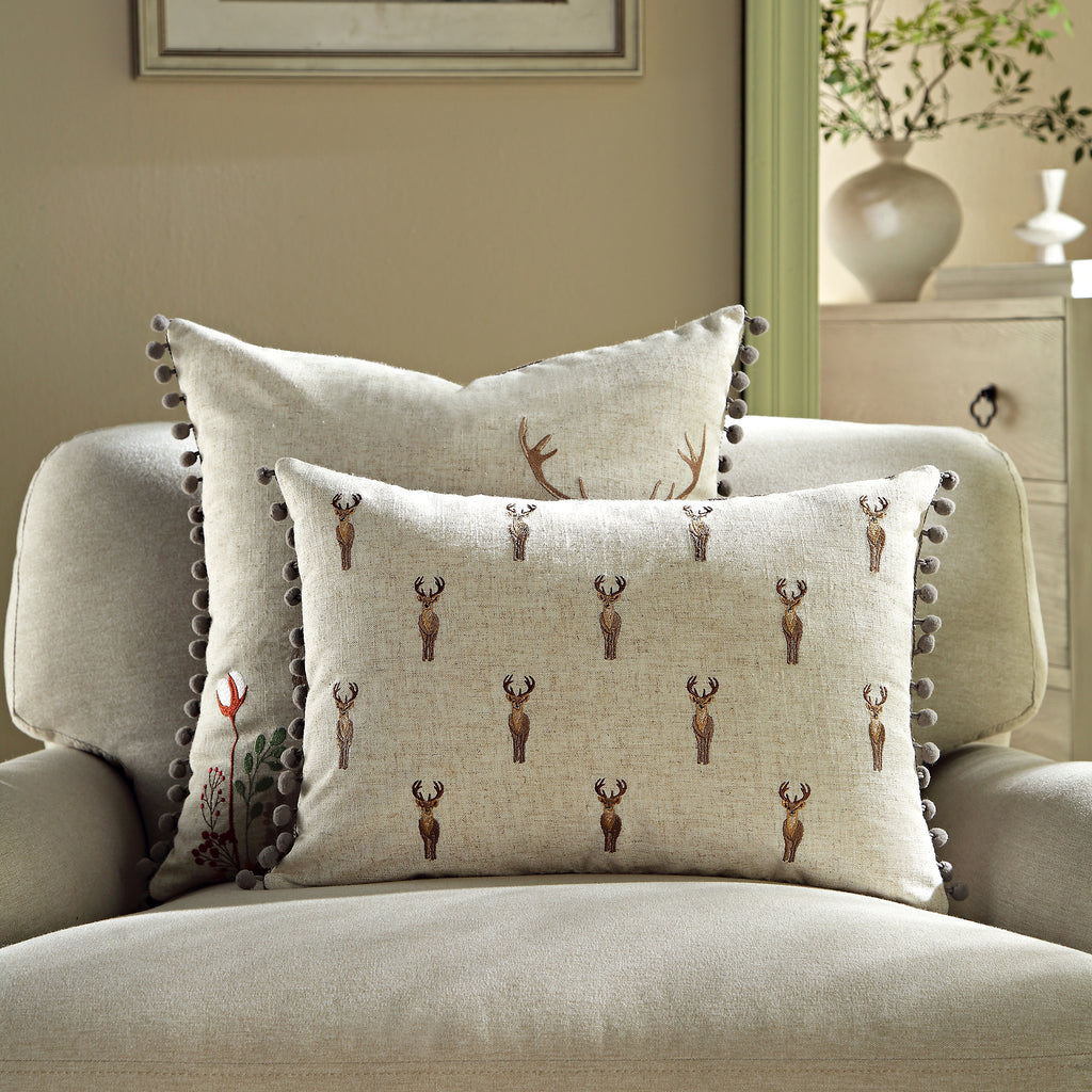 Country Collection Stag Repeat Embroidered Linen Blend Cushion | daals