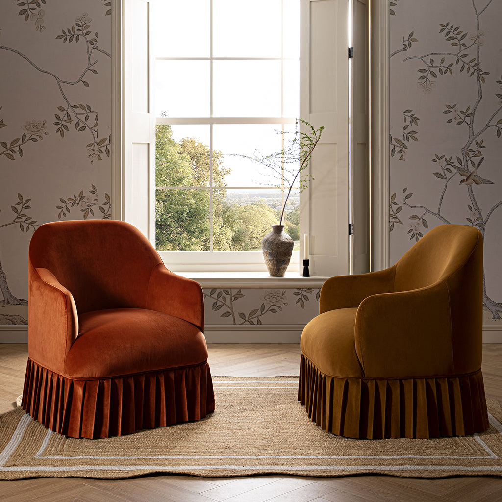 Calliope Skirted Armchair, Rust Velvet | daals