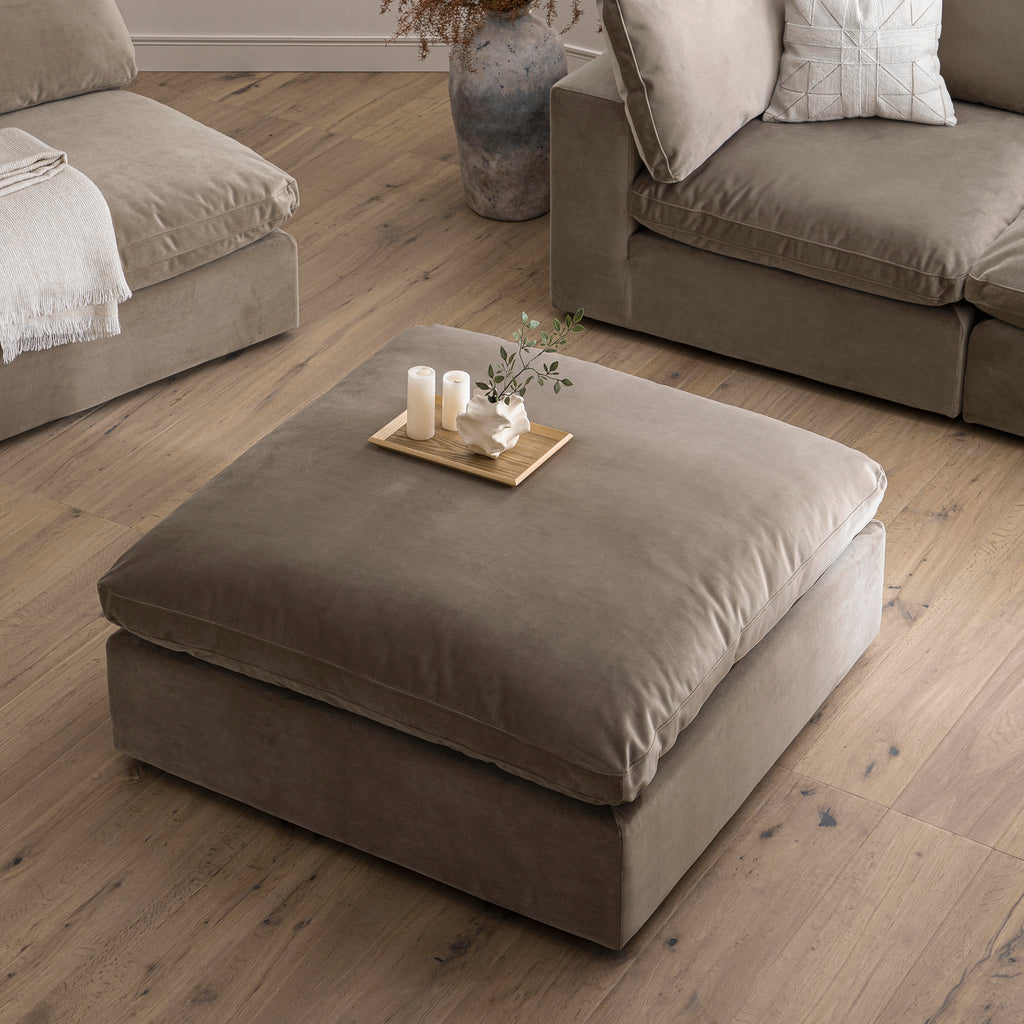 Lutyens Taupe Velvet Modular Sofa, Stool | daals