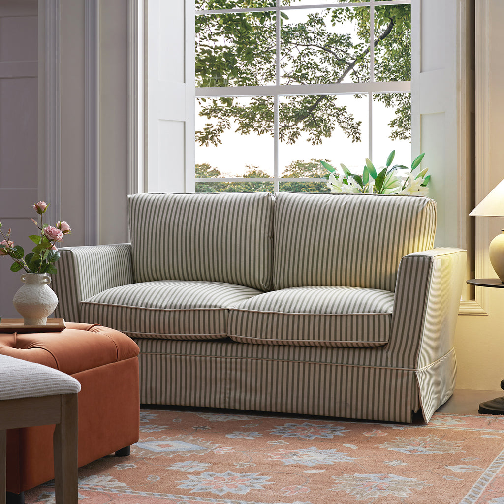 Fitz Skirted 2-Seater Sofa, Sage Striped Linen Blend | daals