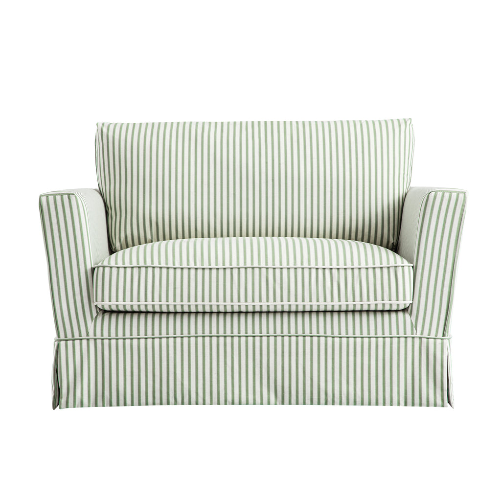 Fitz Skirted Loveseat, Sage Striped Linen Blend | daals