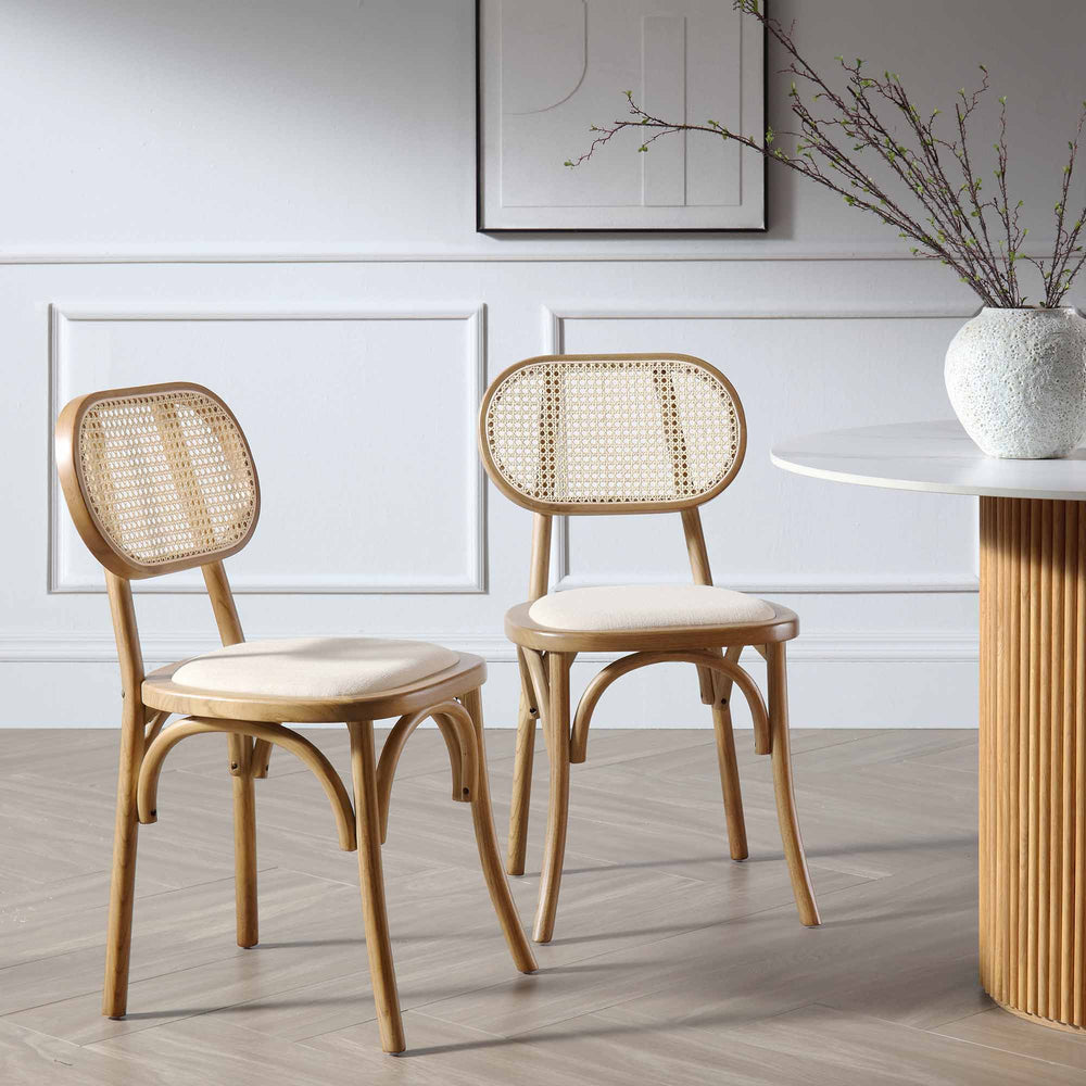 Anya Set of 2 Cane Rattan and Upholstered Dining Chairs, Light Walnut ...