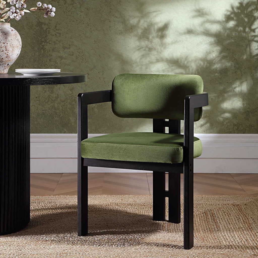 Stanford Curved Oak Frame Upholstered Chair, Moss Green Velvet Black F ...
