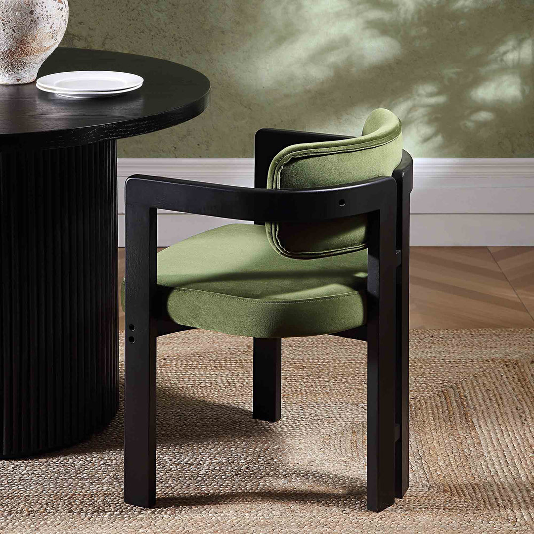 Stanford Curved Oak Frame Upholstered Chair, Moss Green Velvet Black F ...