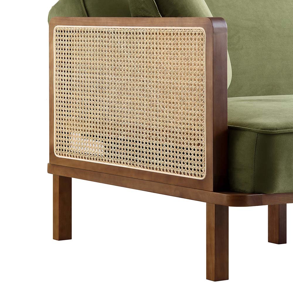 Pienza Cane Sofa Bed, Moss Green Velvet with Walnut Frame | daals