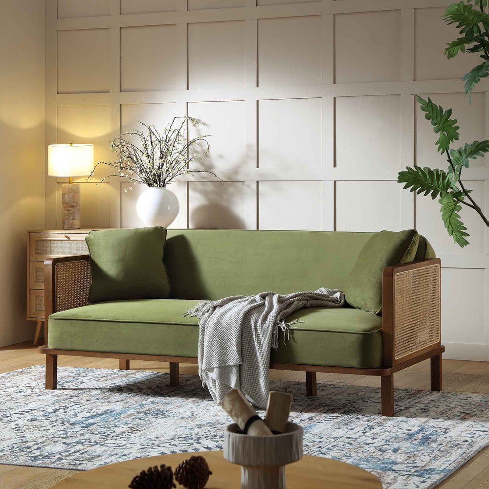 Pienza Cane Sofa Bed, Moss Green Velvet with Walnut Frame | daals