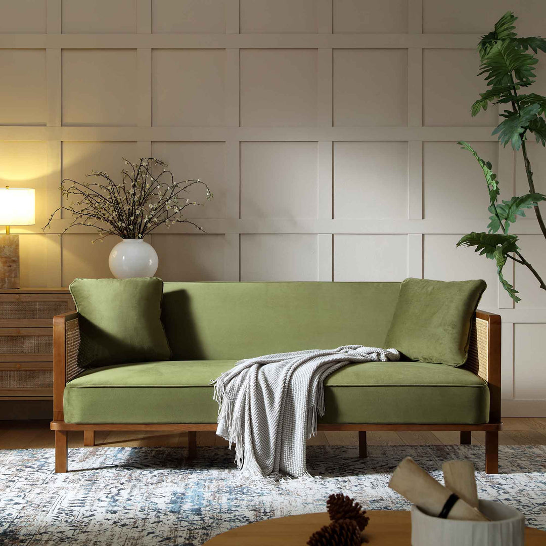 Pienza Cane Sofa Bed, Moss Green Velvet with Walnut Frame | daals