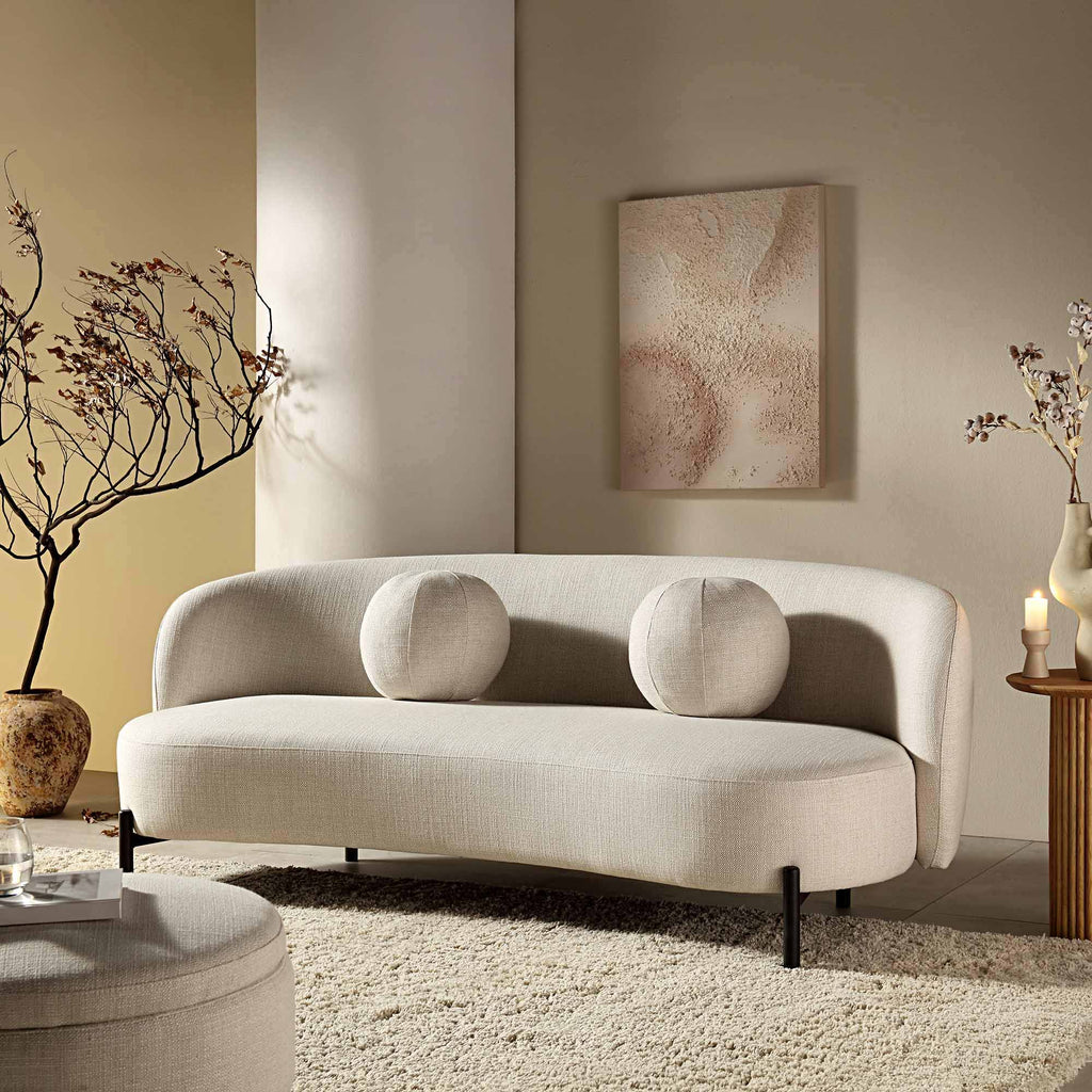 Amboise 3-Seater Curved Sofa with Ball Cushions, Beige Linen Blend | daals