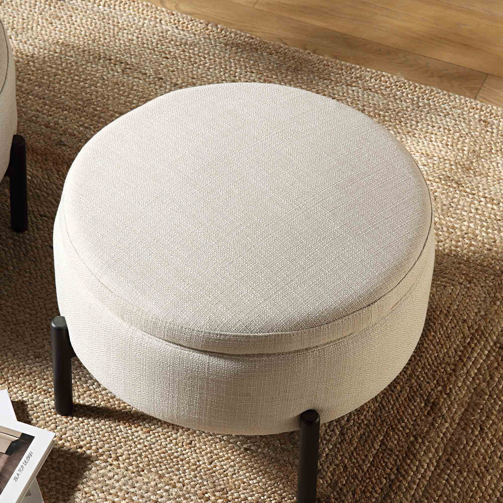 Amboise Round Storage Pouffe, Beige Linen Blend | daals