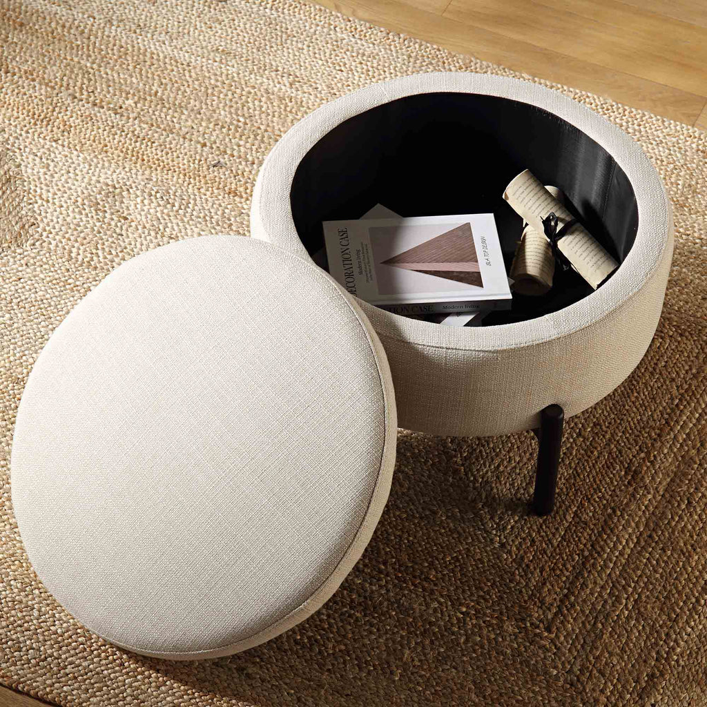 Amboise Round Storage Pouffe, Beige Linen Blend | daals
