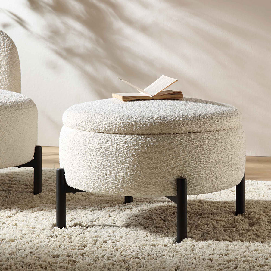 Amboise Round Storage Pouffe, Ecru Boucle | daals