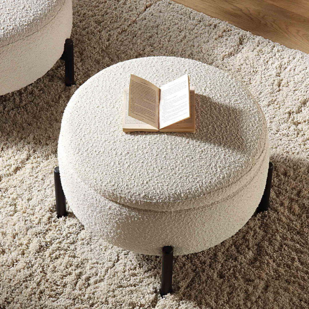 Amboise Round Storage Pouffe, Ecru Boucle | daals