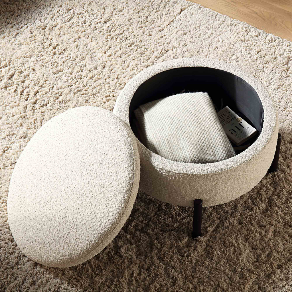 Amboise Round Storage Pouffe, Ecru Boucle | daals