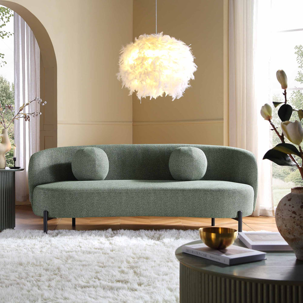 Amboise 3-Seater Curved Sofa with Ball Cushions, Spruce Green Textured ...