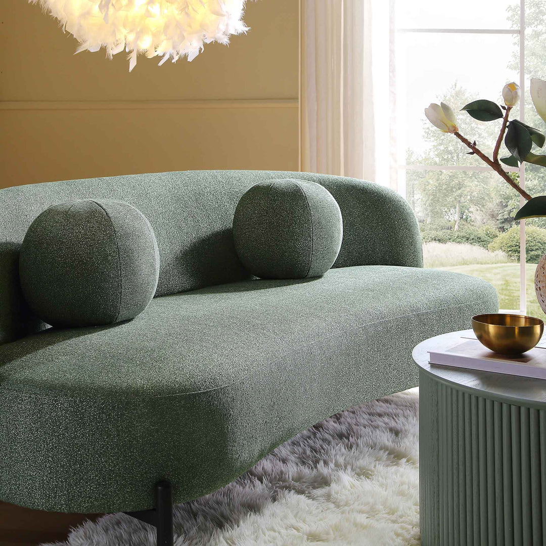 Amboise 3-Seater Curved Sofa with Ball Cushions, Spruce Green Textured ...