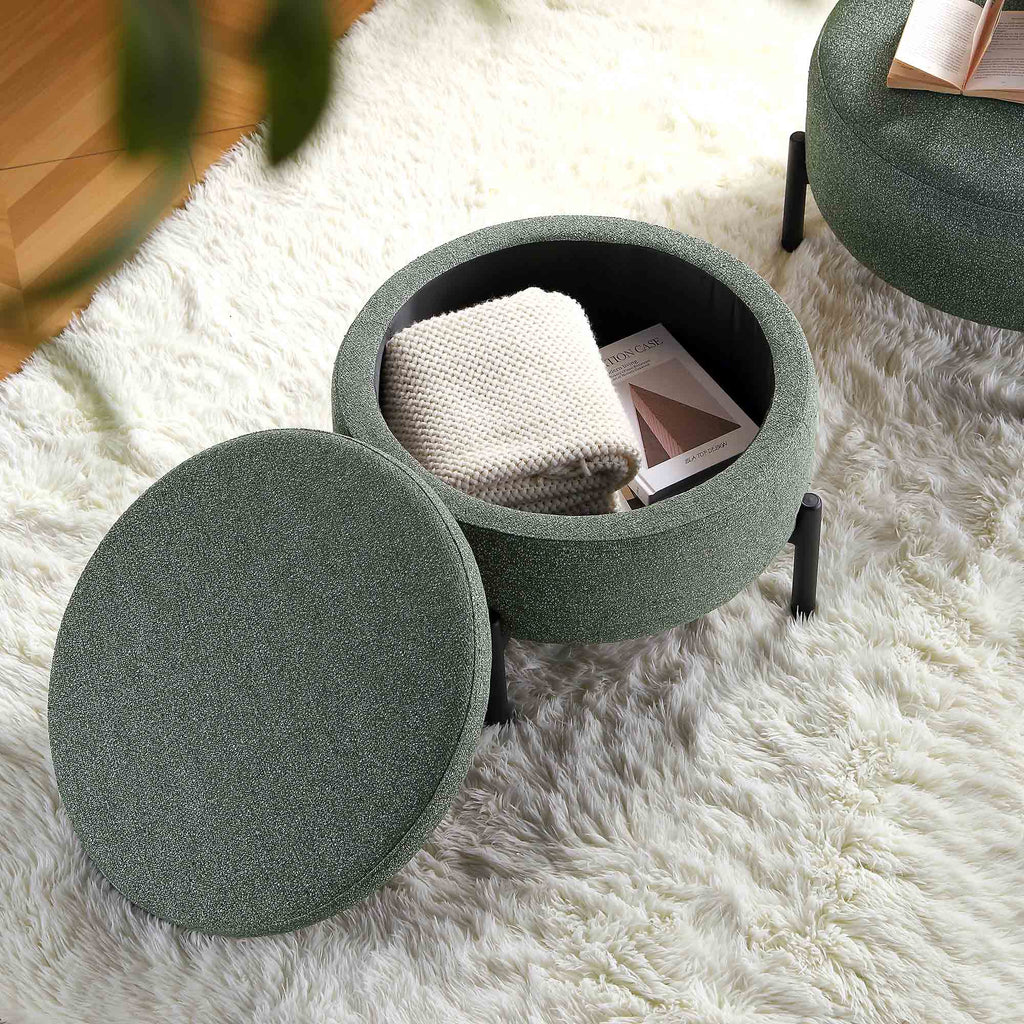 Amboise Round Storage Pouffe, Spruce Green Textured Fabric | daals