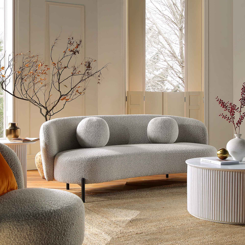 Amboise 3-Seater Curved Sofa with Ball Cushions, Mist Grey Boucle | daals
