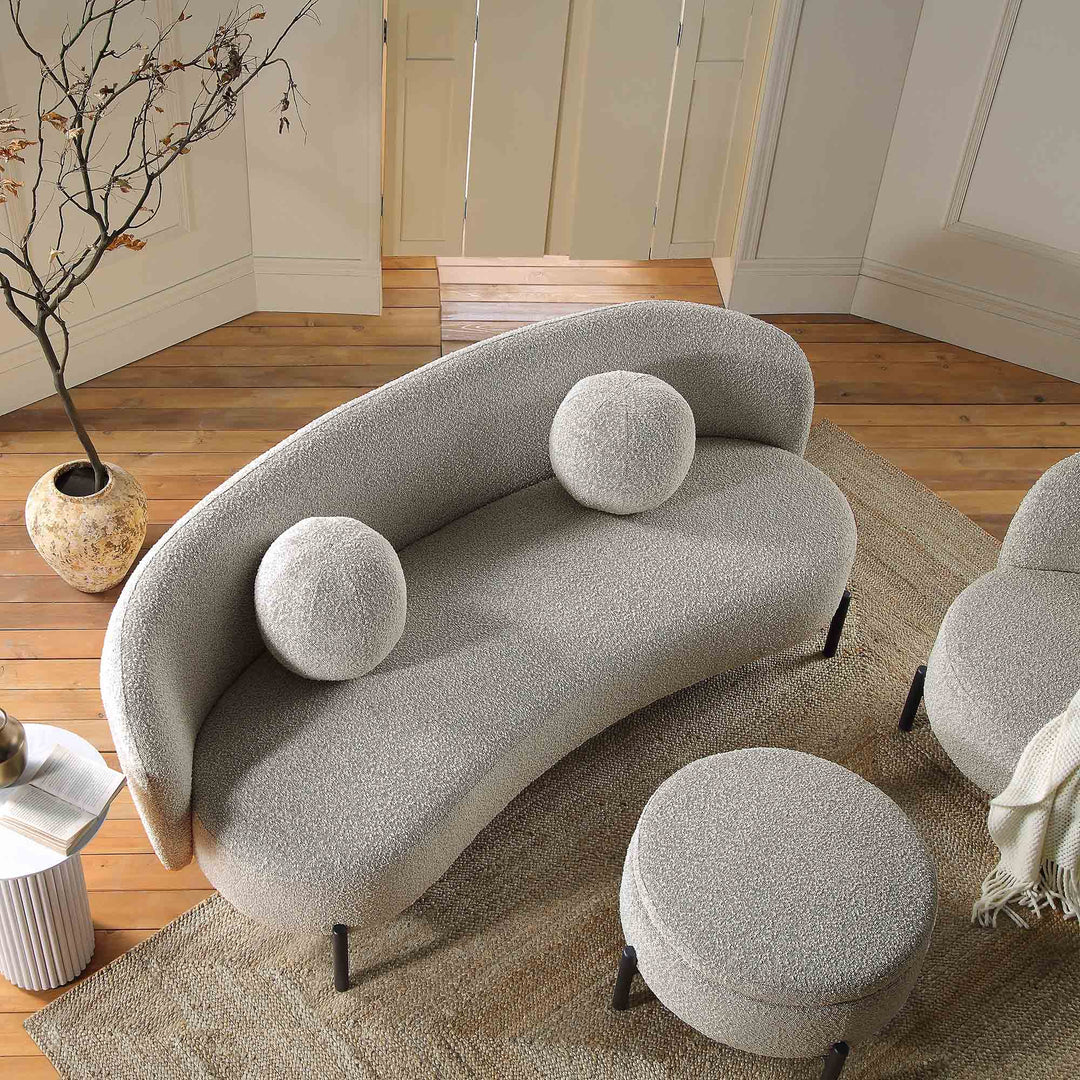 Amboise 3-Seater Curved Sofa with Ball Cushions, Mist Grey Boucle | daals