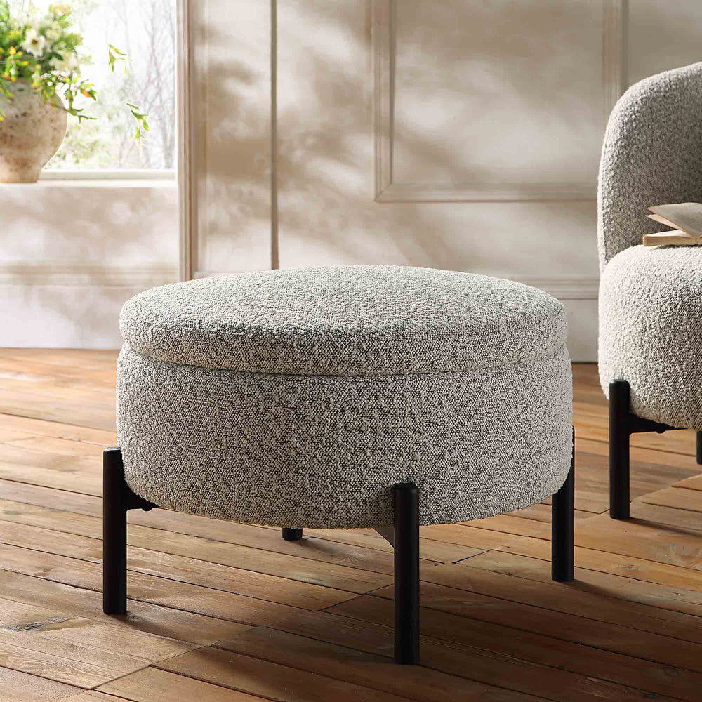 Amboise Round Storage Pouffe, Mist Grey Boucle | daals