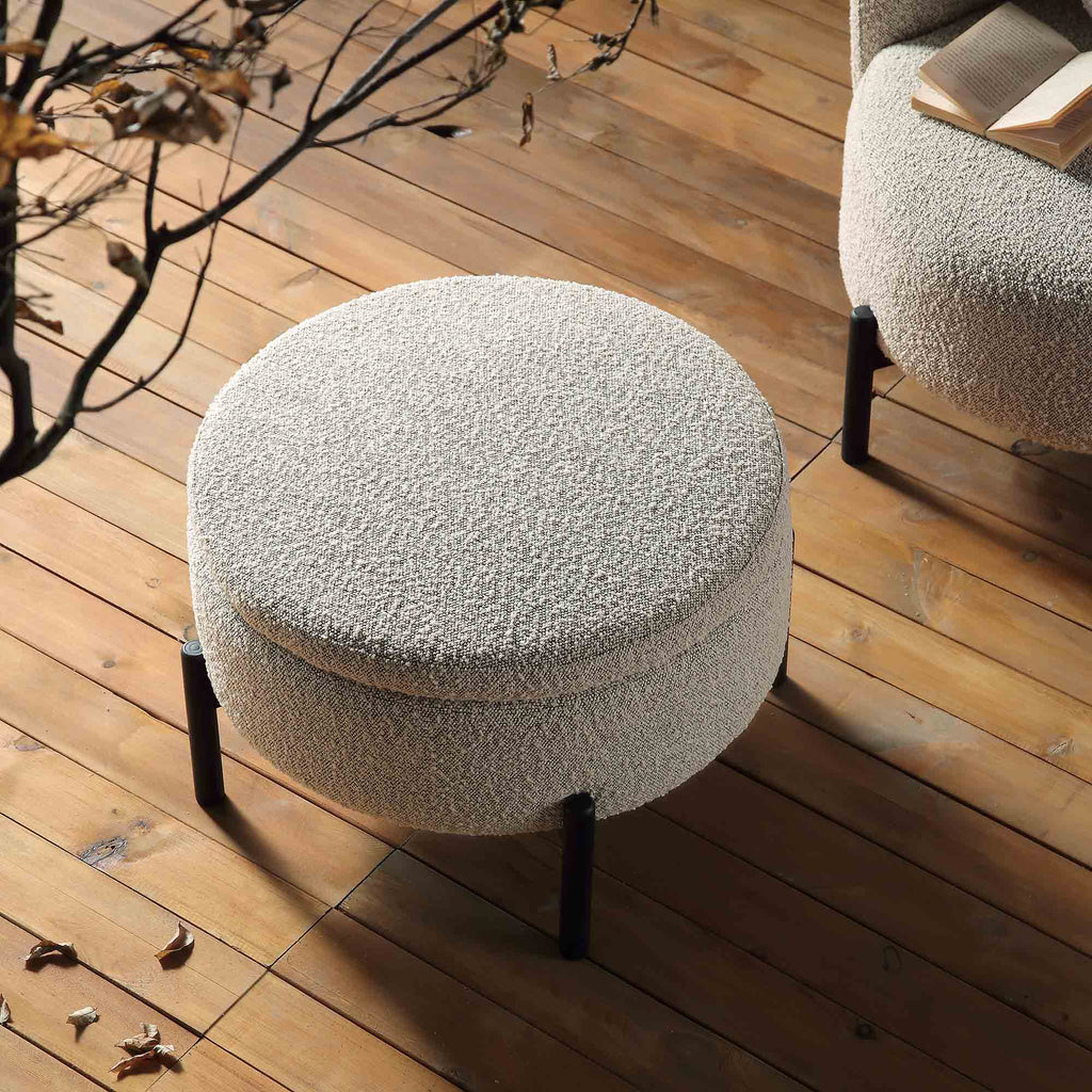 Amboise Round Storage Pouffe, Mist Grey Boucle | daals