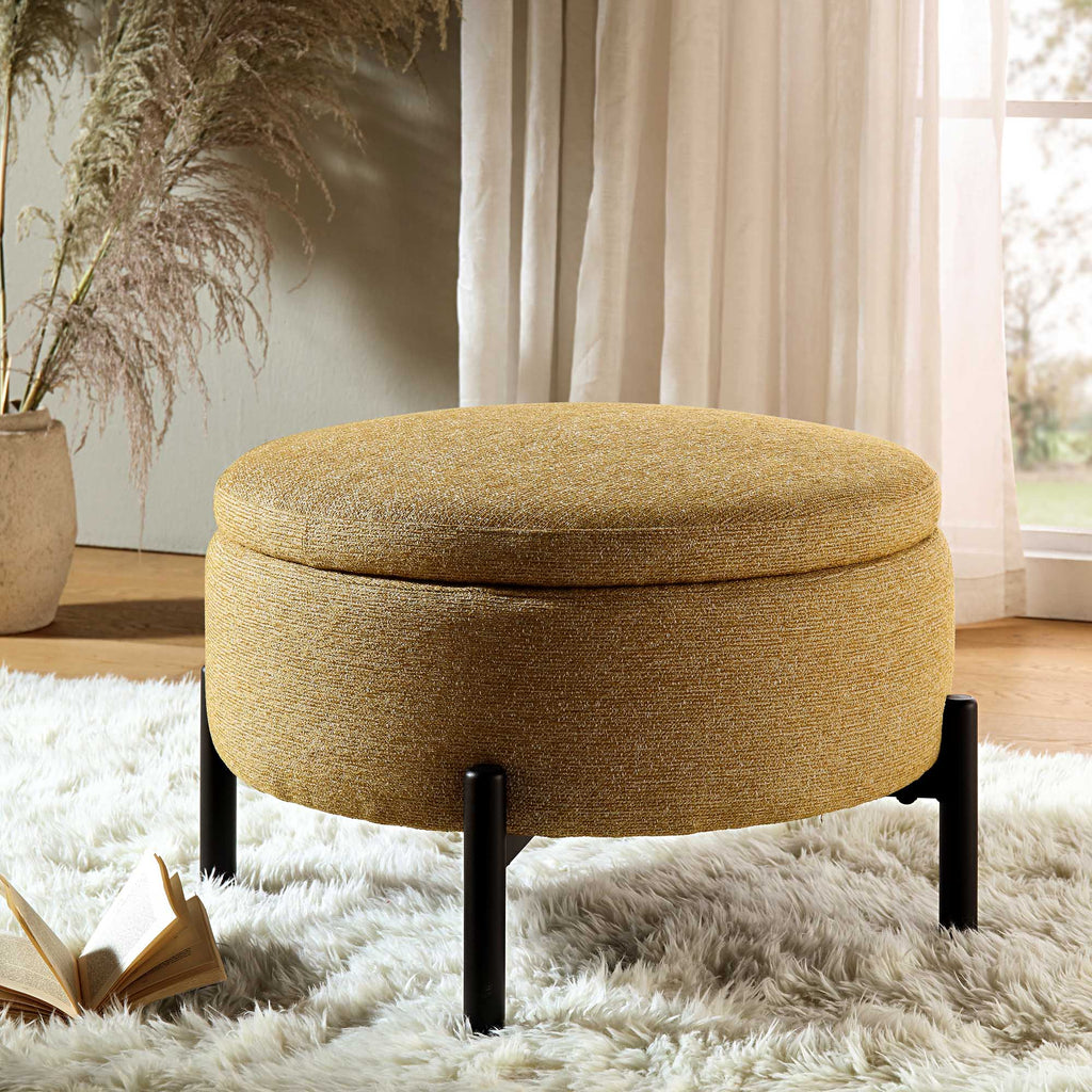 Amboise Round Storage Pouffe, Marigold Textured Fabric | daals