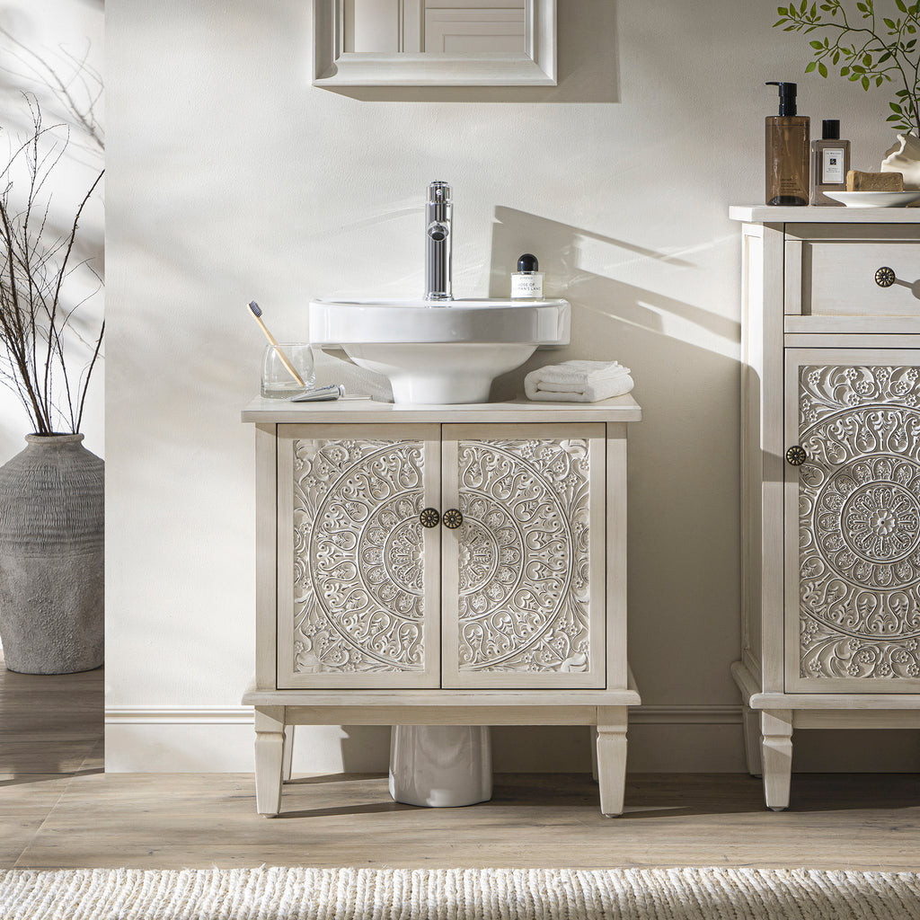 Chantilly Whitewashed Carved Bathroom Undersink Unit | daals