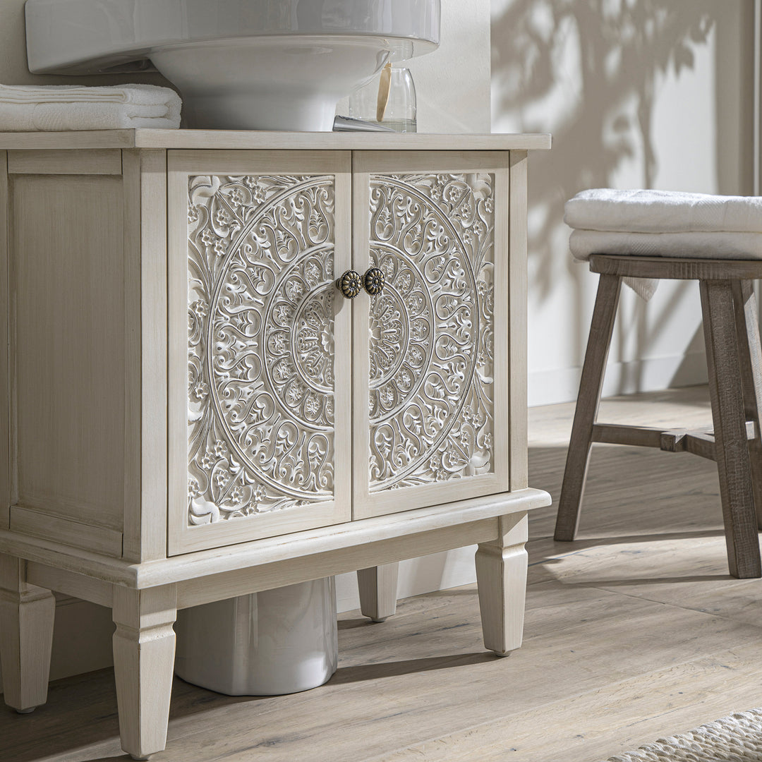 Chantilly Whitewashed Carved Bathroom Undersink Unit | daals