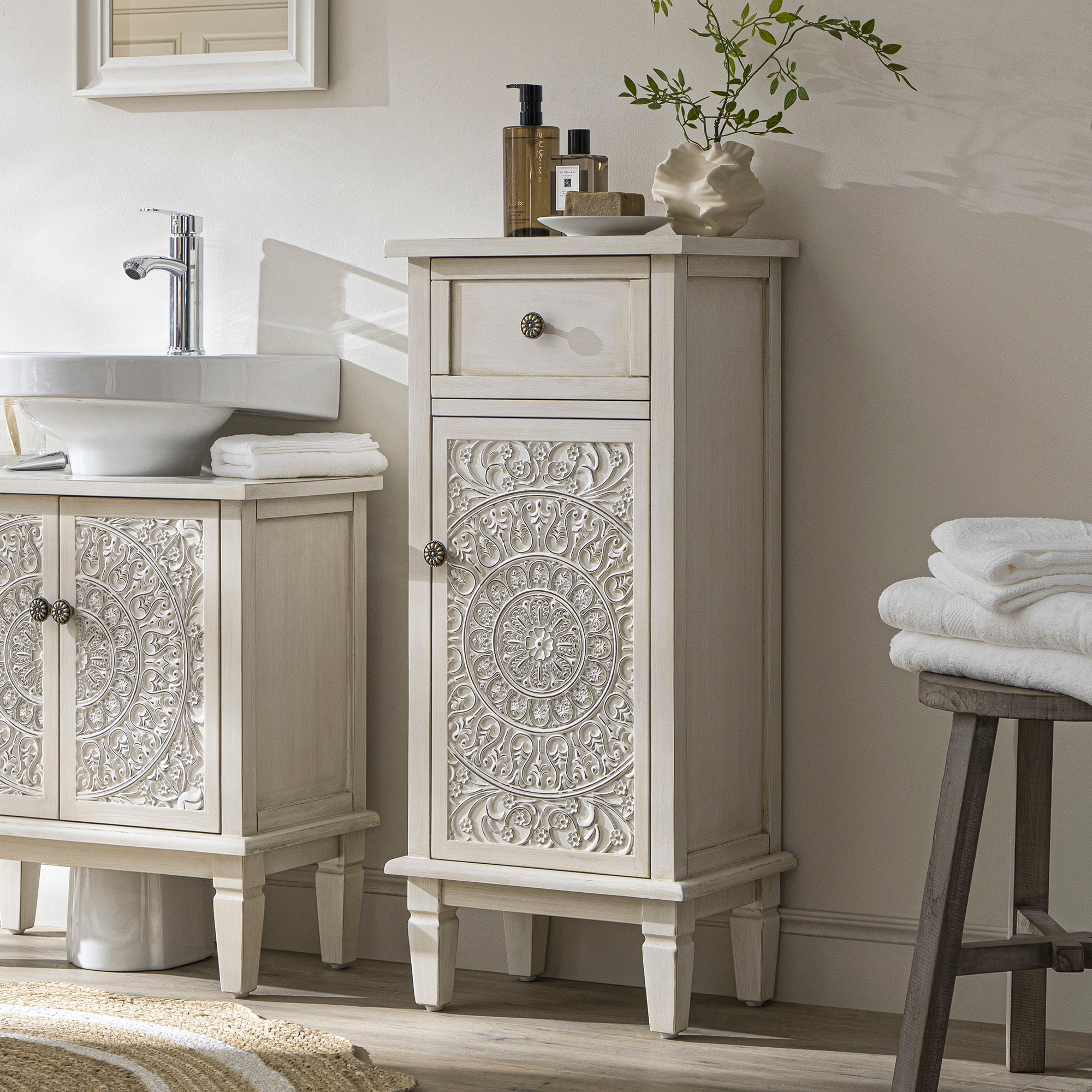 Chantilly Whitewashed Carved Bathroom Cupboard | daals